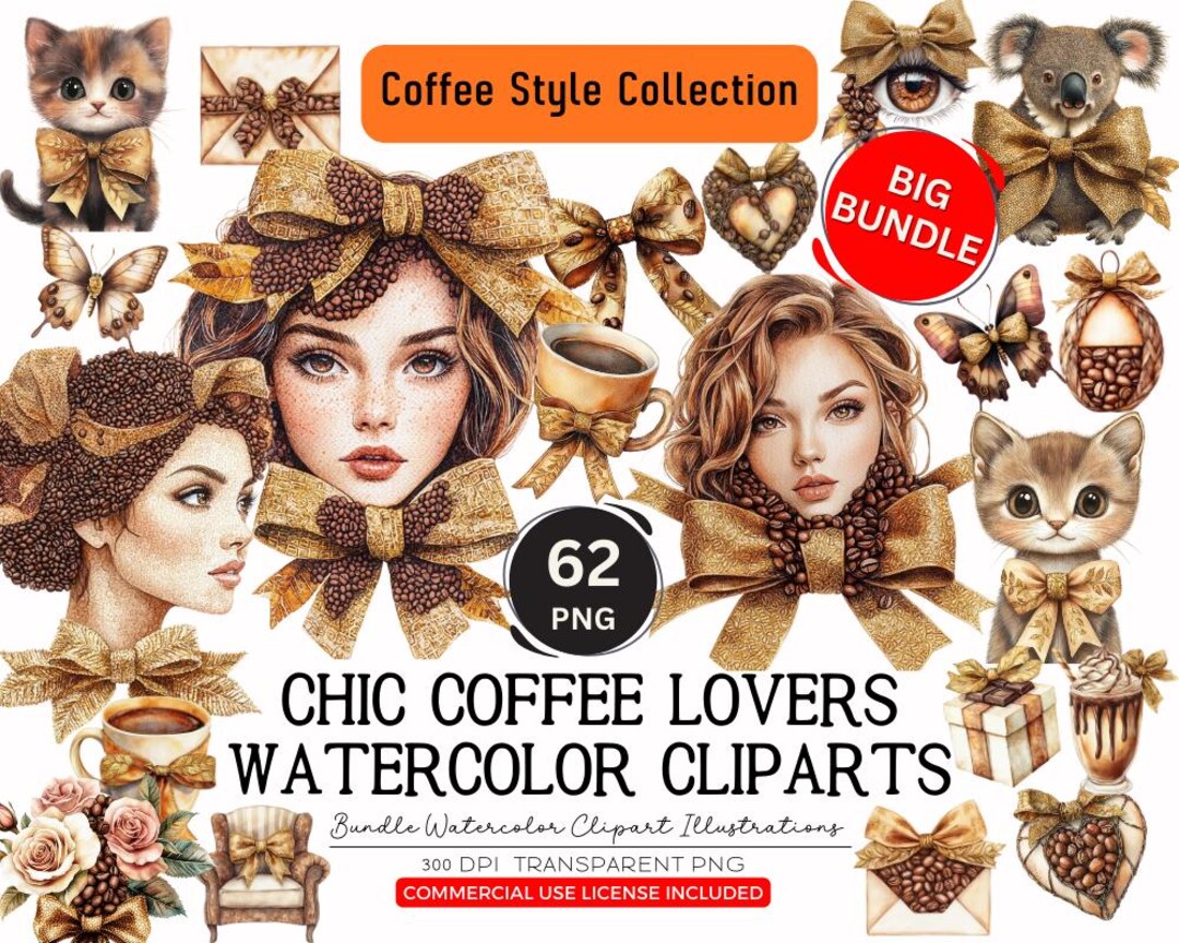 Chic Coffee Lovers Cliparts Set – 62 Hand Painted Watercolor Elements ...