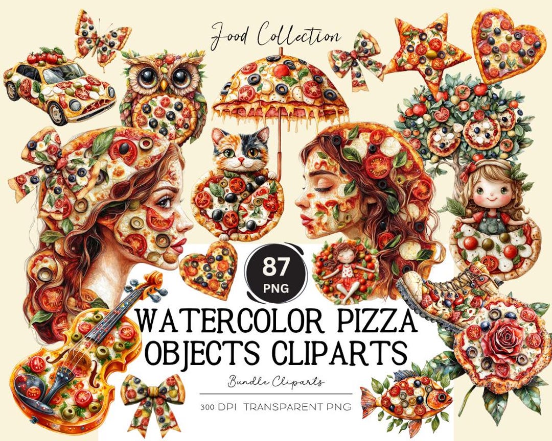 Watercolor Pizza Clipart Bundle, Cute Delicious Fast Food Illustrations ...