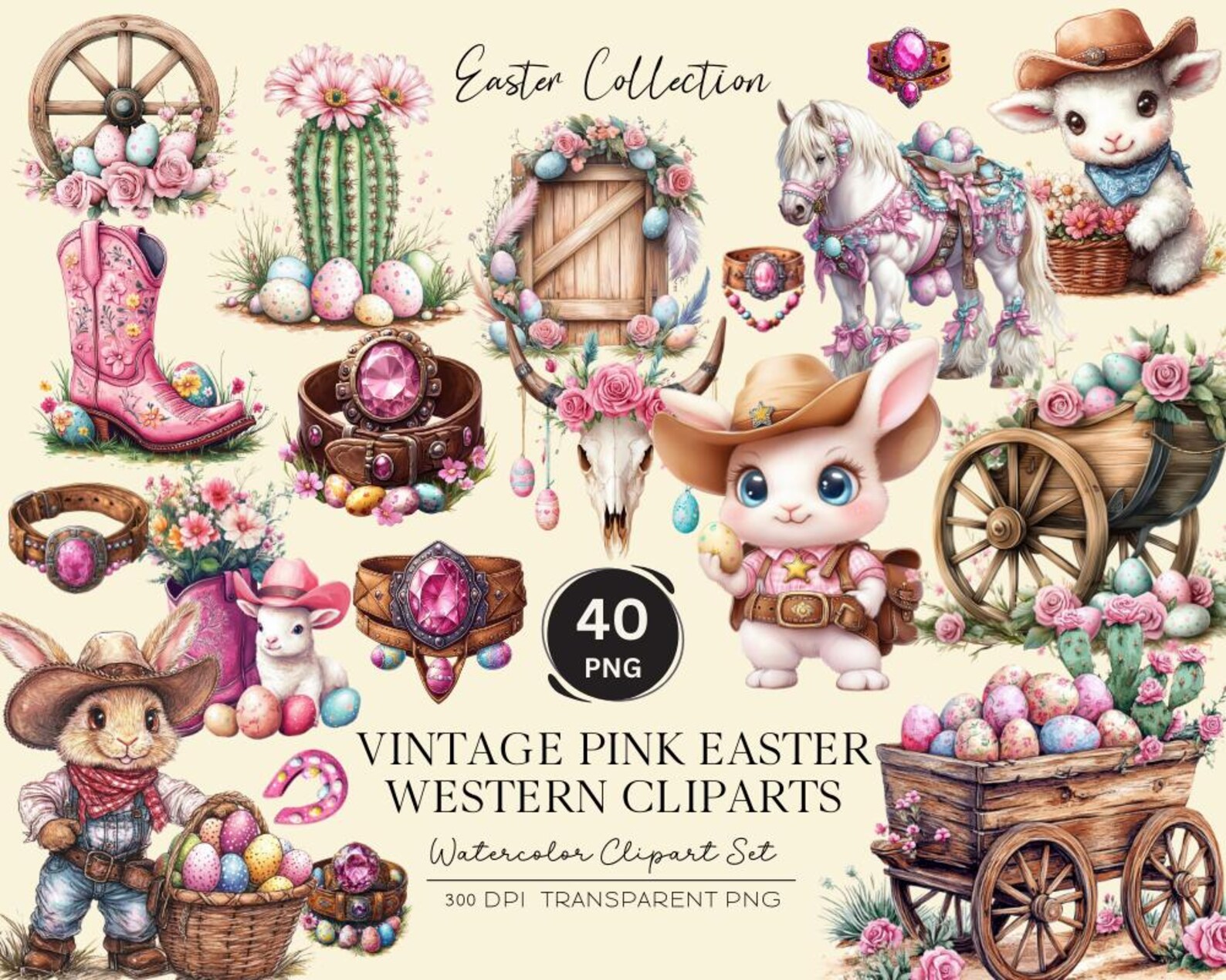 Vintage Pink Easter Western Cliparts, Western Easter T-shirt, Cowboy ...