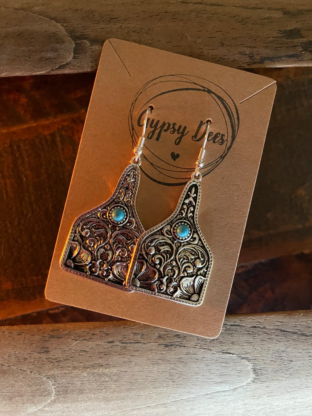 Western Cow / Cattle Tag Dangle Earrings With Turquoise Stone - Etsy