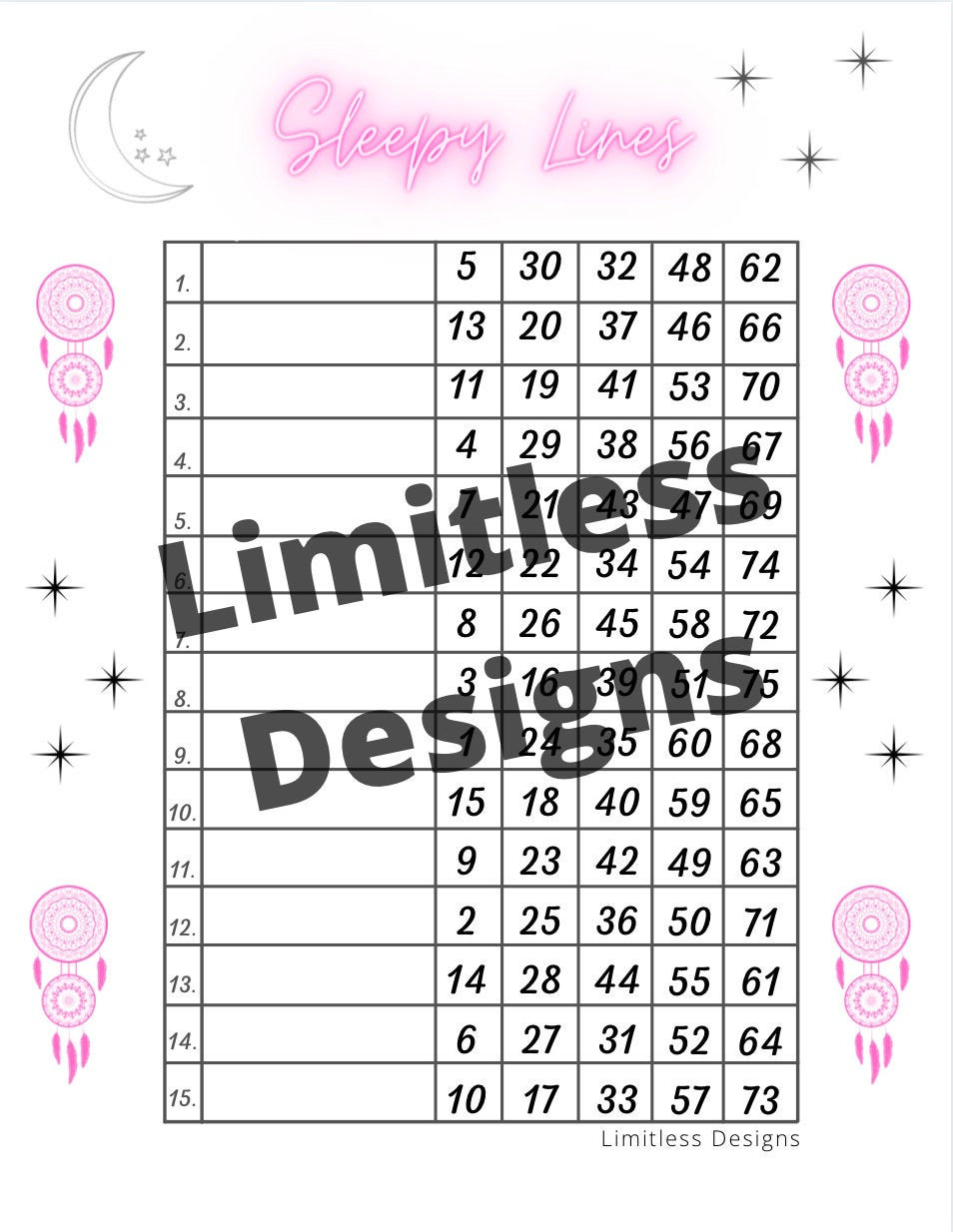 Sleepy Lines Bingo Boards (mixed and Straight) - Etsy