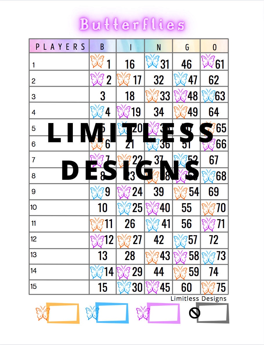 Butterflies Bingo Board 1 Houdini 1 Mixed 1 Straight - Etsy