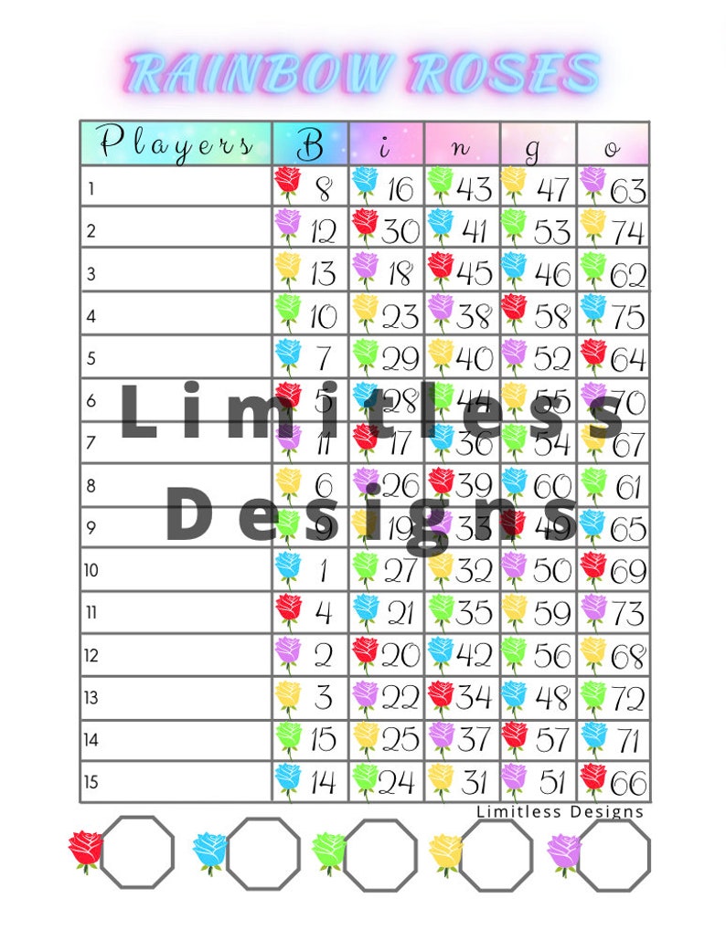 Rainbow Roses Bingo Boards - Etsy