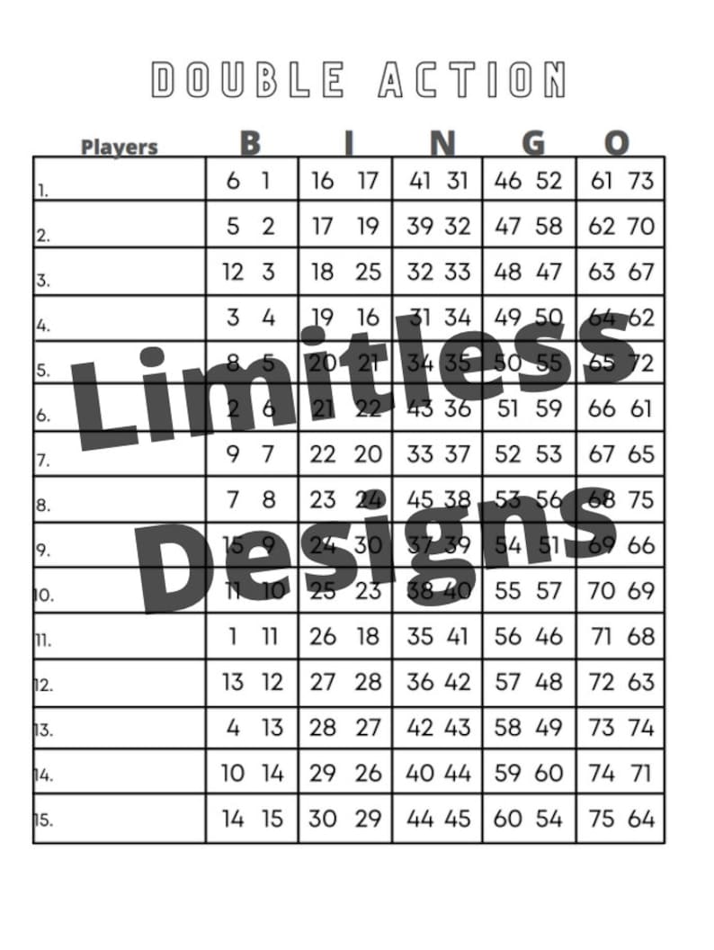 5 Double Action bingo boards | Etsy