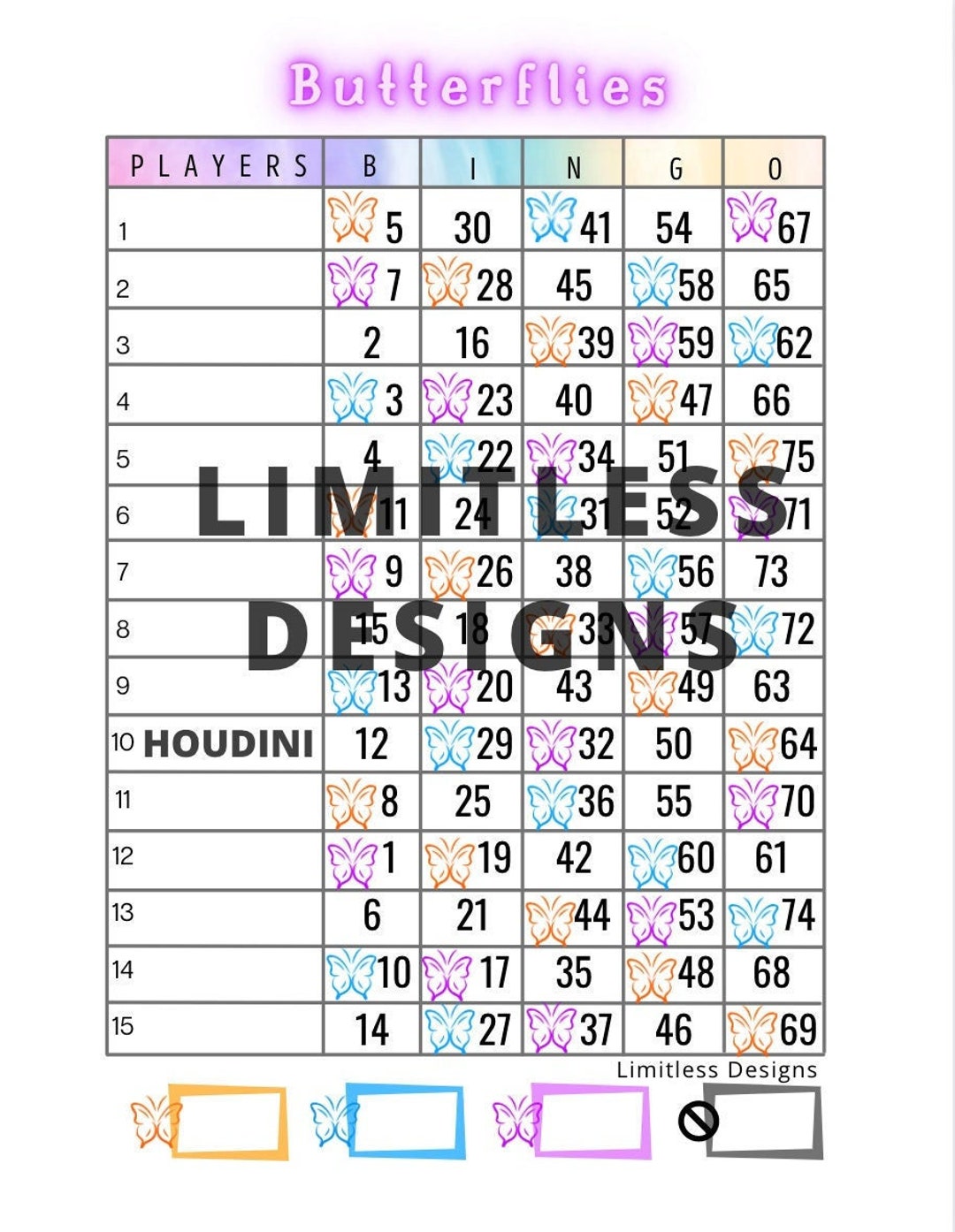 Butterflies Bingo Board 1 Houdini 1 Mixed 1 Straight - Etsy