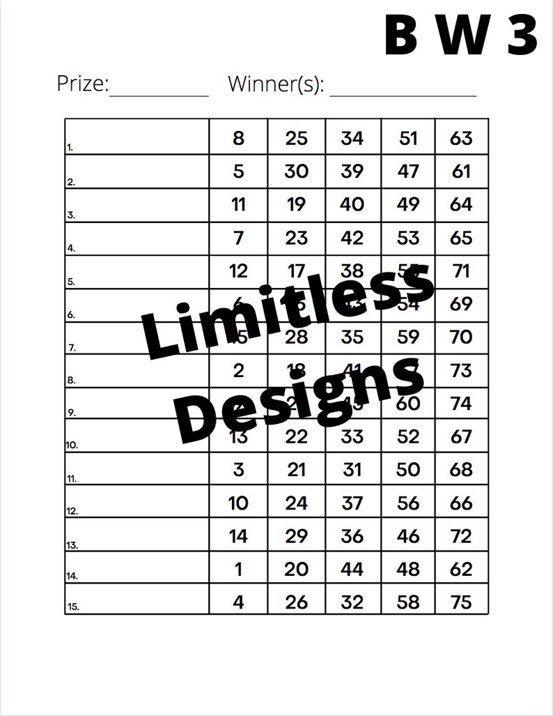 5 mixed black and white bingo boards | Etsy