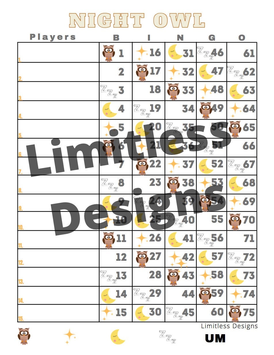 Digital Prints Night Owl bingo boards 2 mixed and 1 straight Prints Art ...