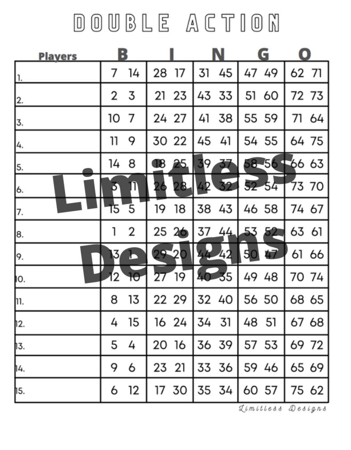 5 Double Action bingo boards | Etsy