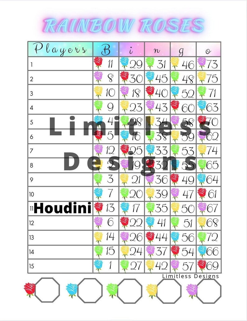 Rainbow Roses Bingo Boards - Etsy