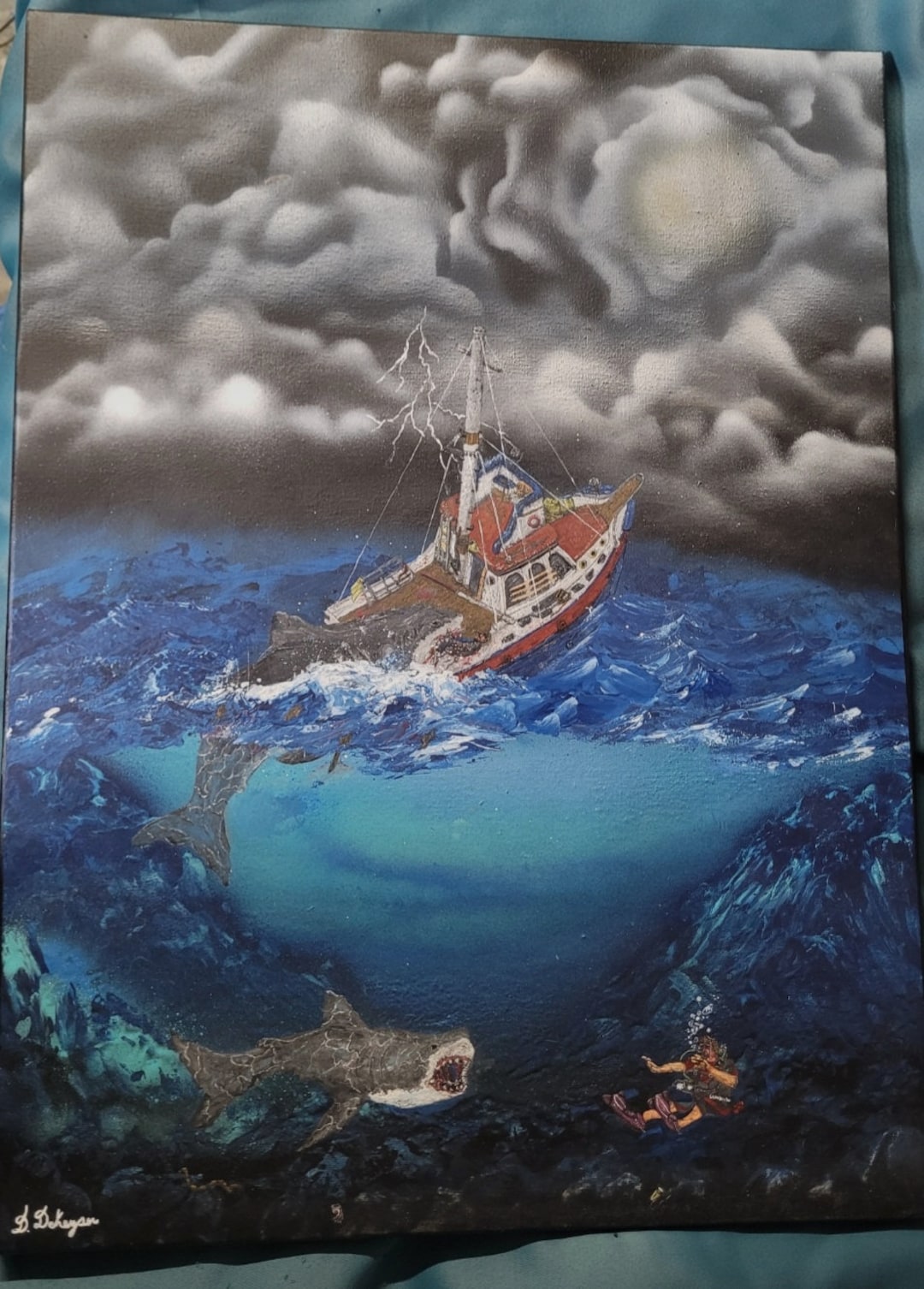 Original Shark Attack Spraypaint Painting, Marine Life Painting, Ready ...