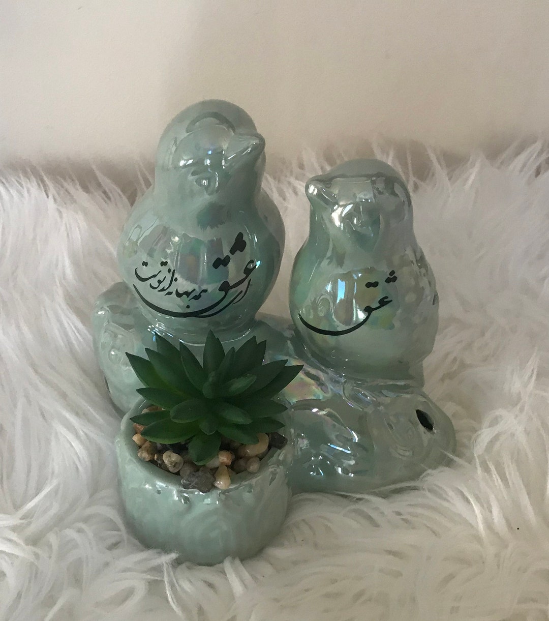 Persian Handmade Farsi Calligraphy Ceramic Birds With Artificial Plant ...