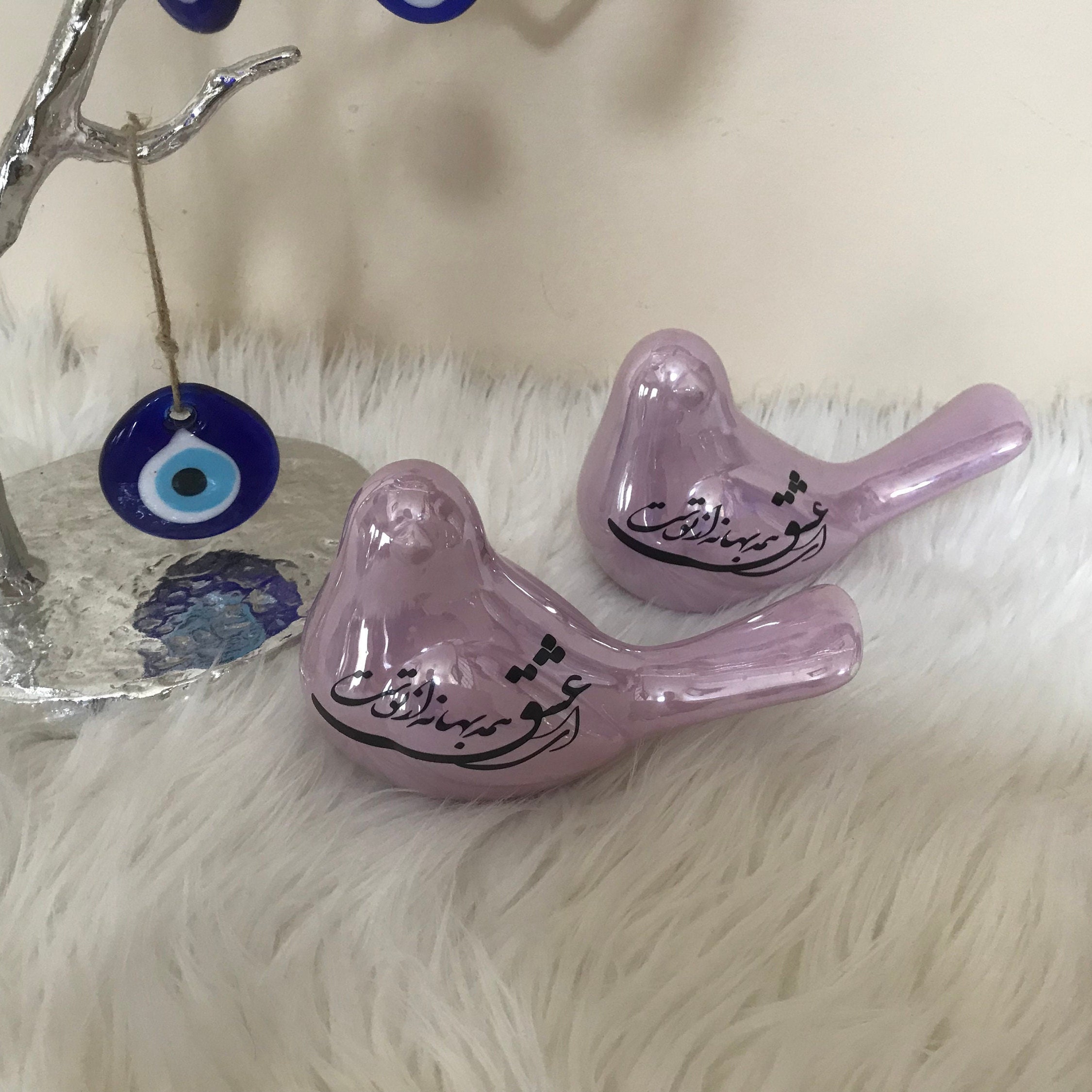 Persian Handmade Farsi Calligraphy Set of 2 Ceramic Bird, Great for ...