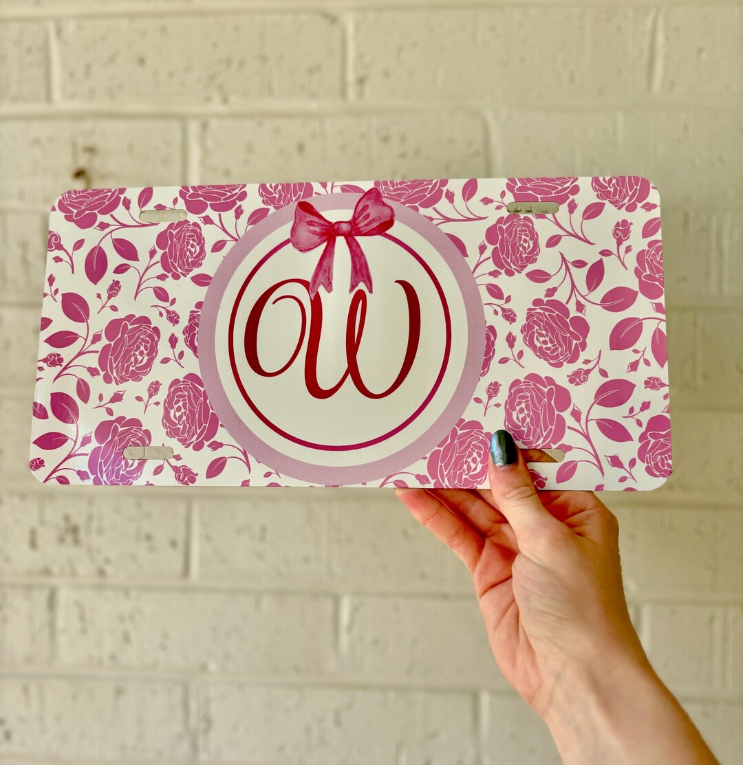 Custom Initial Floral Bow License Plate in PINK - Etsy