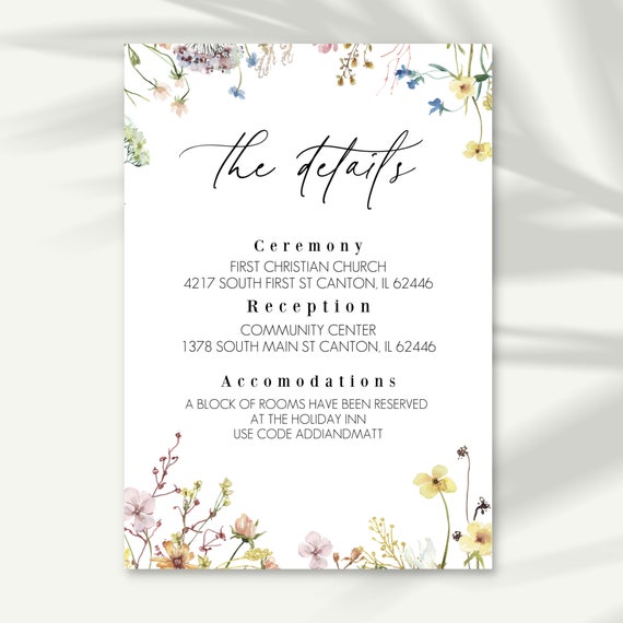 Wildflower Details Card Template Wildflower Invitation Boho - Etsy