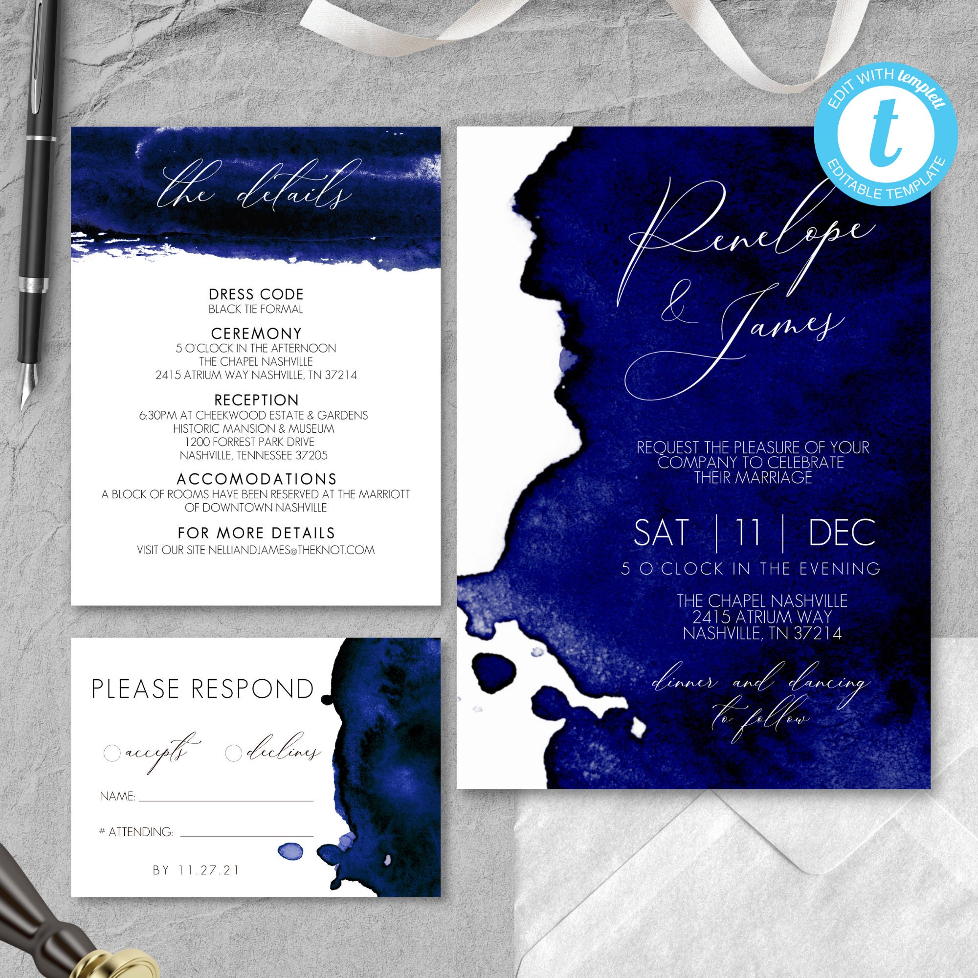 Indigo Blue Wedding Set Template, Indigo Wedding Invitation, Blue ...