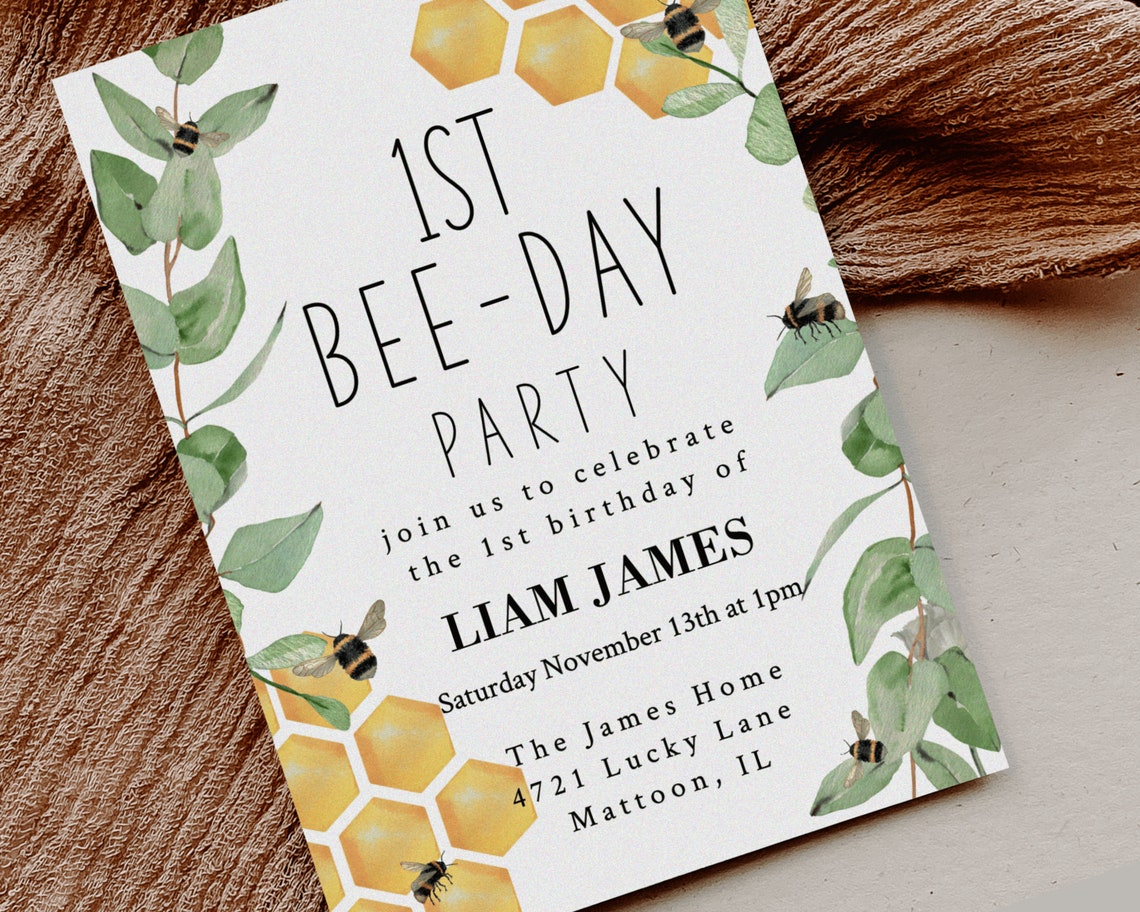 1st Bee-day Party Invitation Template Bee Neutral Birthday - Etsy