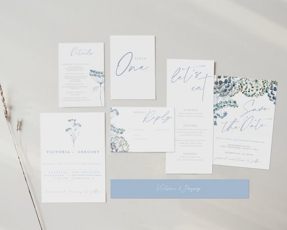 Dusty Blue Wedding Suite Template Dusty Blue Wildflower | Etsy