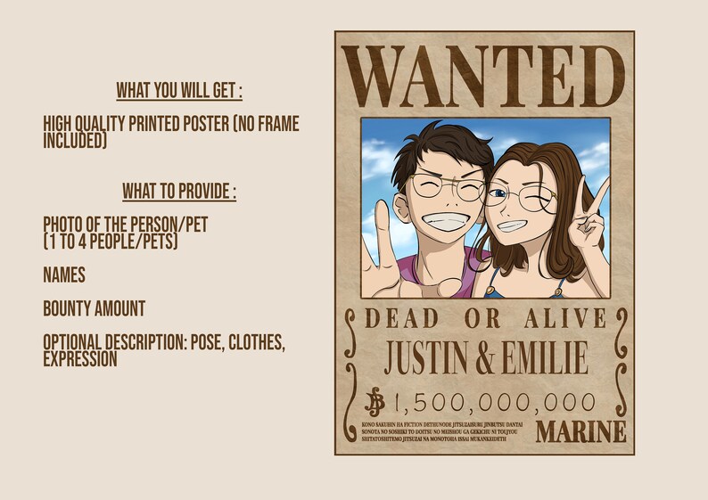 Printed Custom One Piece Wanted Poster, Anime Gift - Etsy