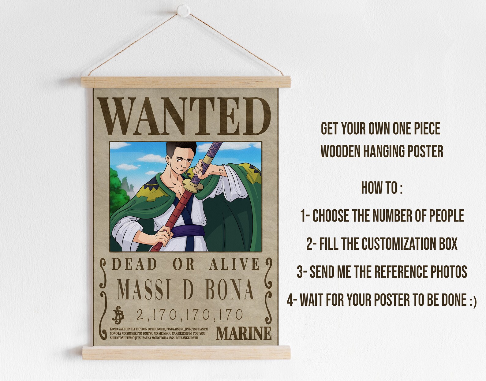 Custom One Piece Wanted Poster Wooden Hanger, Custom One Piece Portrait ...