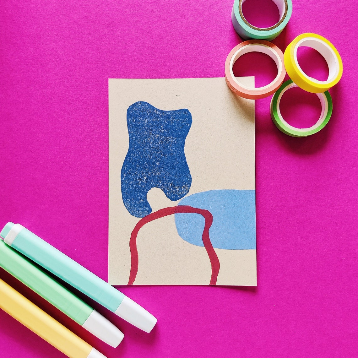 Multi-color Linocut Print Abstract Postcard Set - Etsy