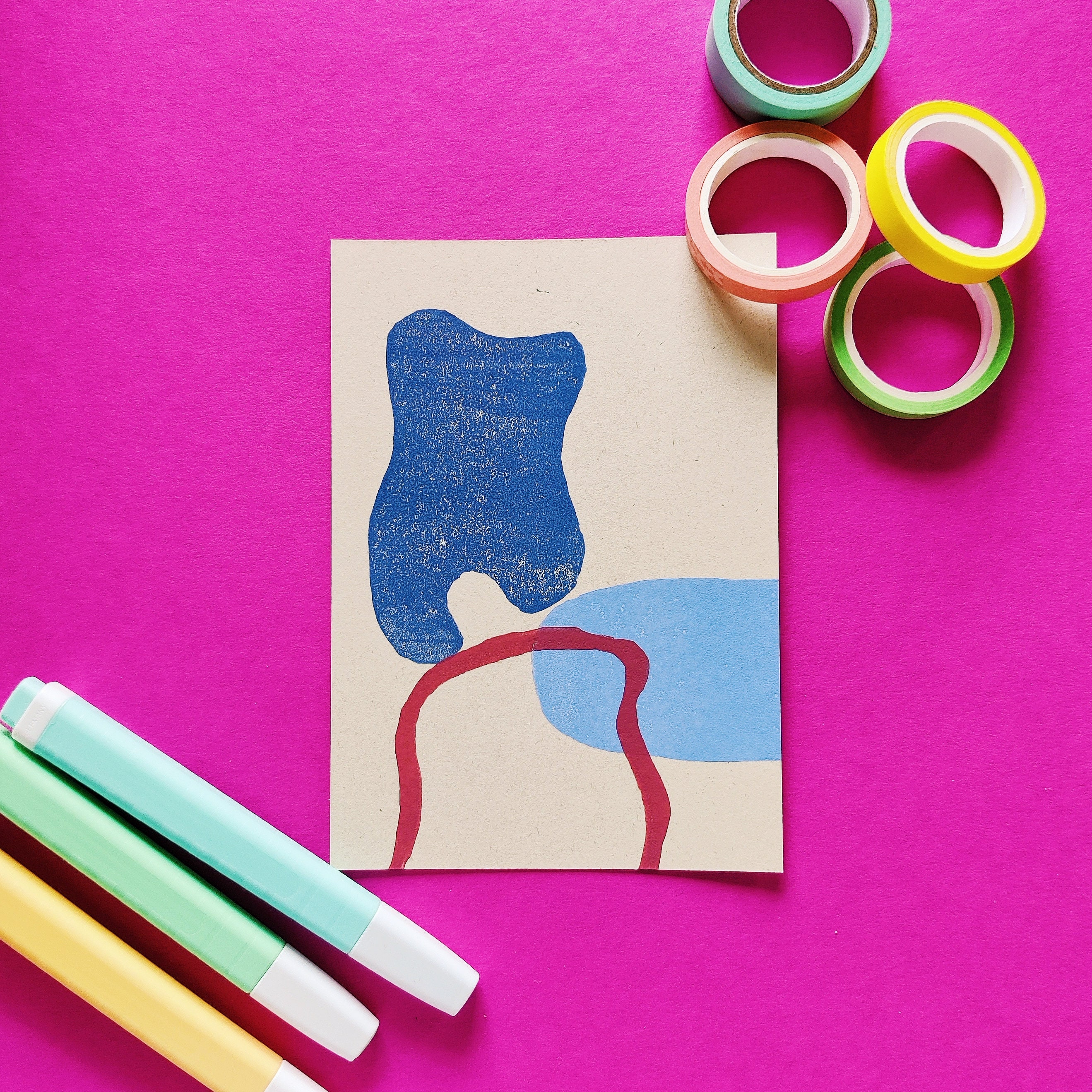 Multi-color Linocut Print Abstract Postcard Set - Etsy