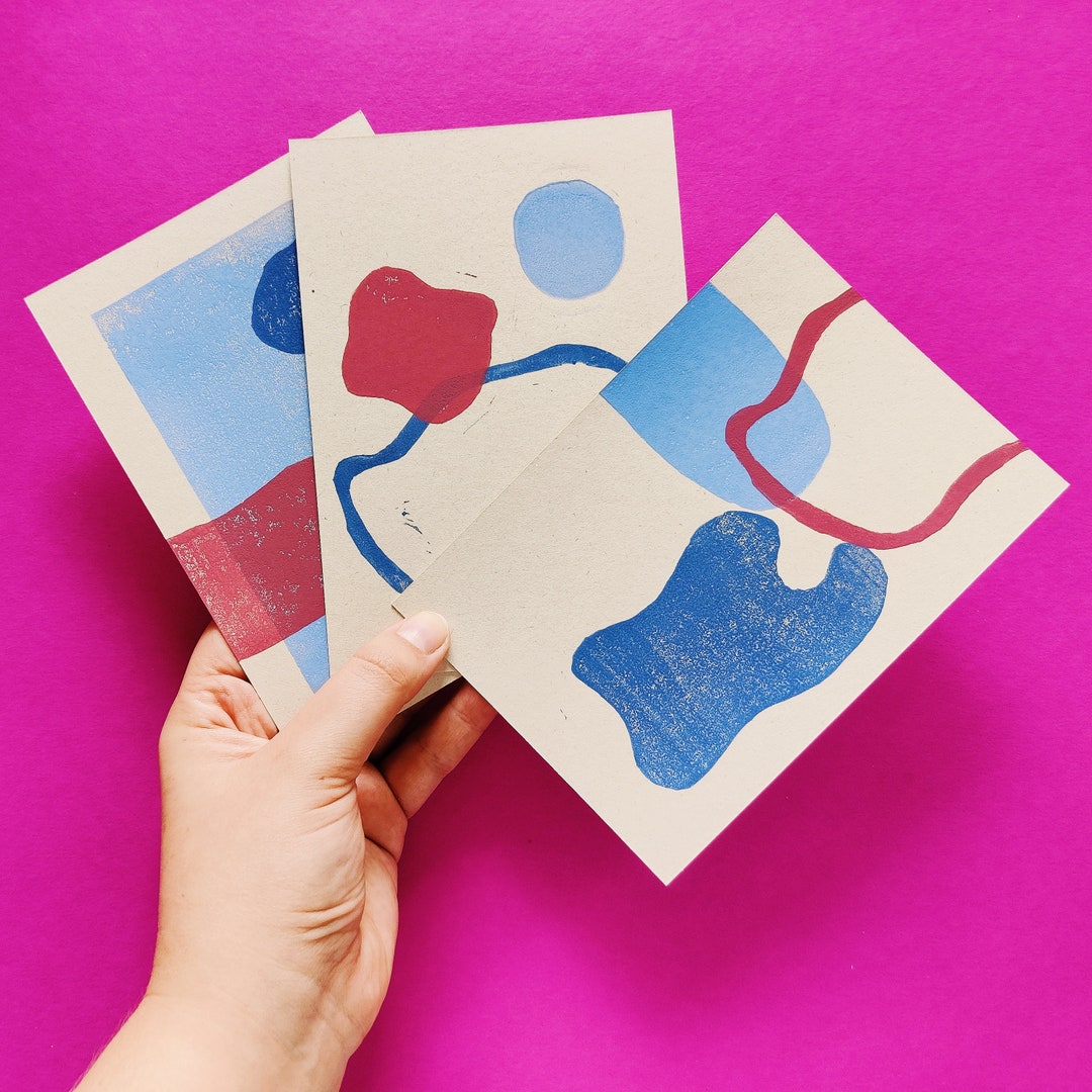 Multi-color Linocut Print Abstract Postcard Set - Etsy