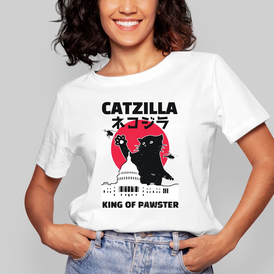 Adult Catzilla King of Pawster Shirt, Funny Cat Parody Tees, Black Cat ...