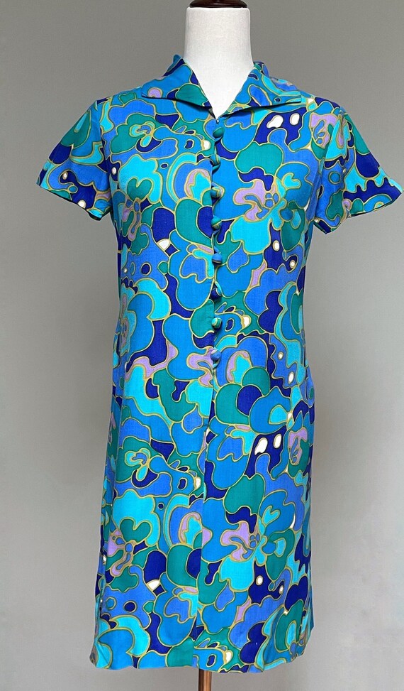 70s Mod Swirl Print Shift Dress with Half Button Shir… - Gem