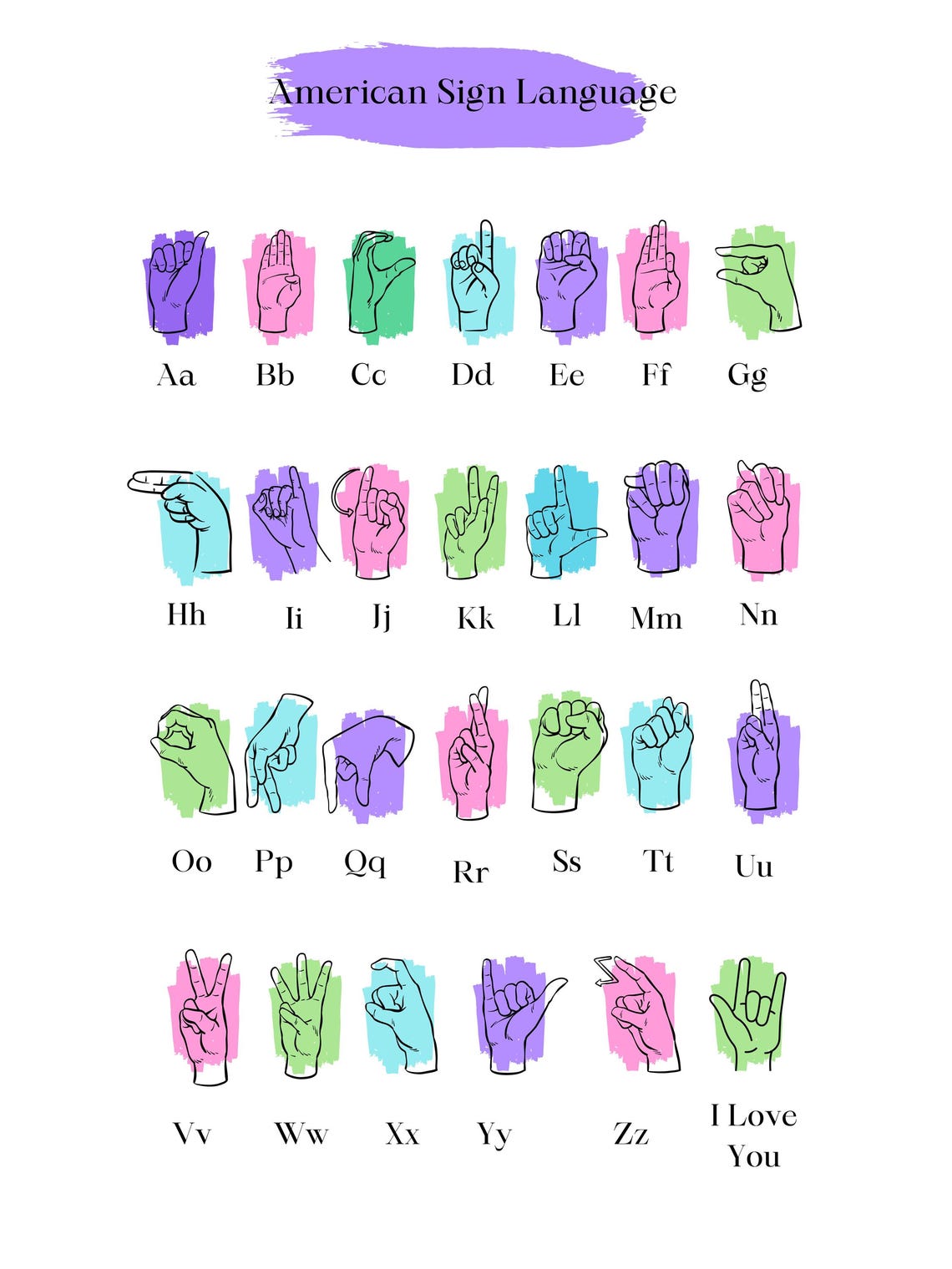 Set of 3 ASL Alphabet and Posters, Neon Pastel - 18x24 - Etsy