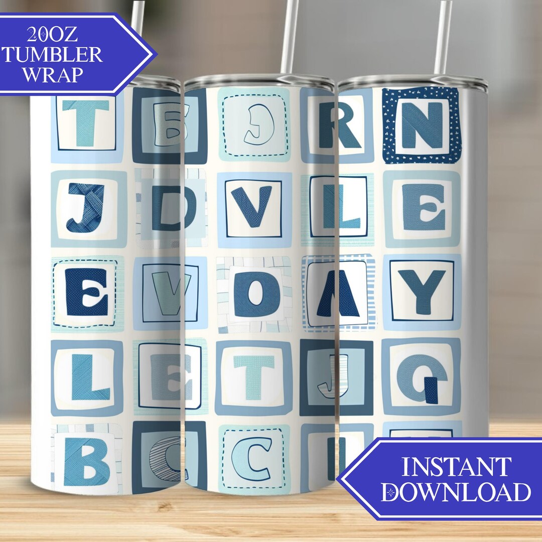 Custom 20 Oz Skinny Tumbler Sublimation Design, Blue Alphabet Blocks ...