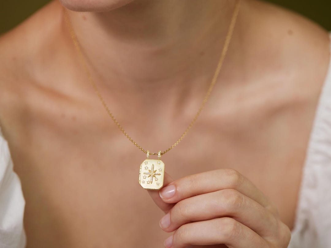 North Star Locket Necklace • Starburst Locket • Birthstone Locket ...