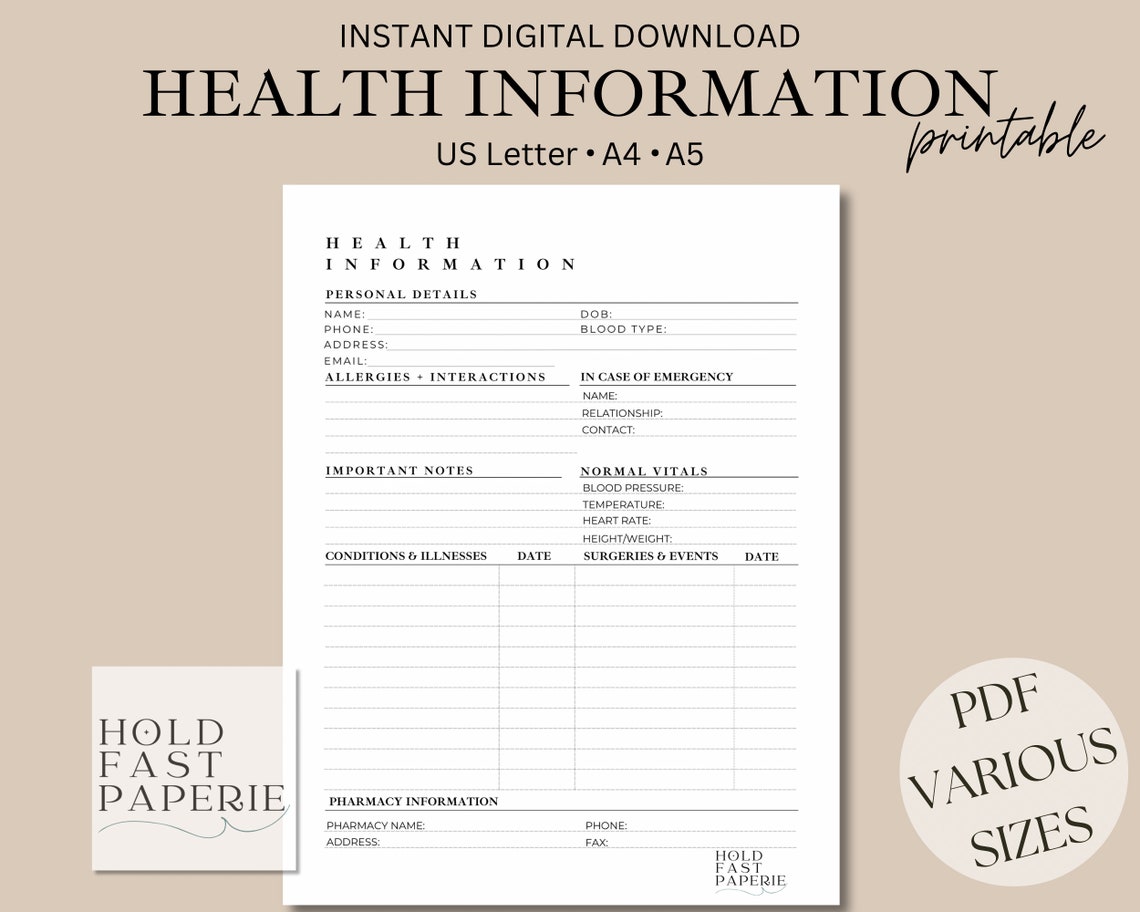 Health Information Printable, Medical Information List, Digital Print ...