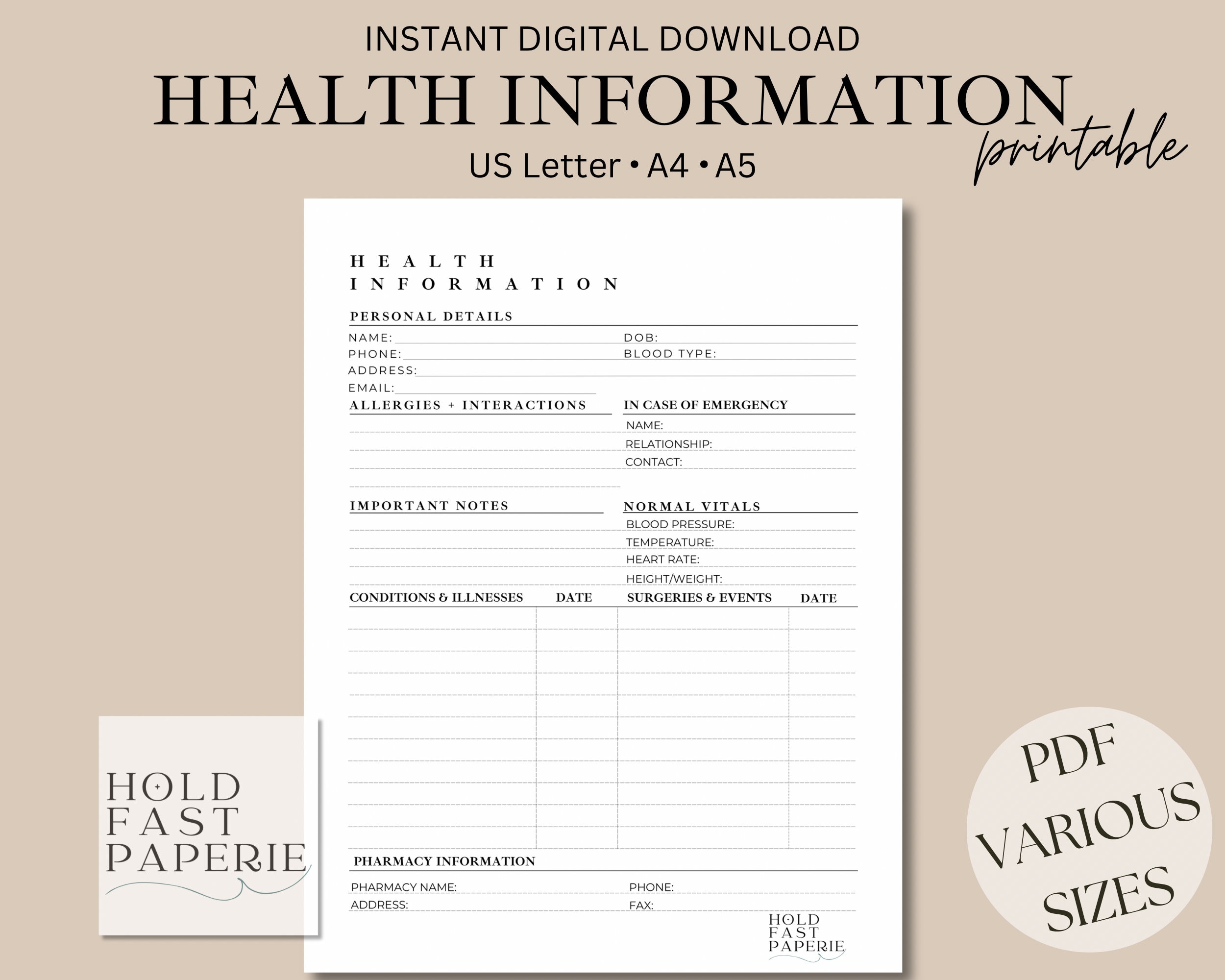 Health Information Printable, Medical Information List, Digital Print ...