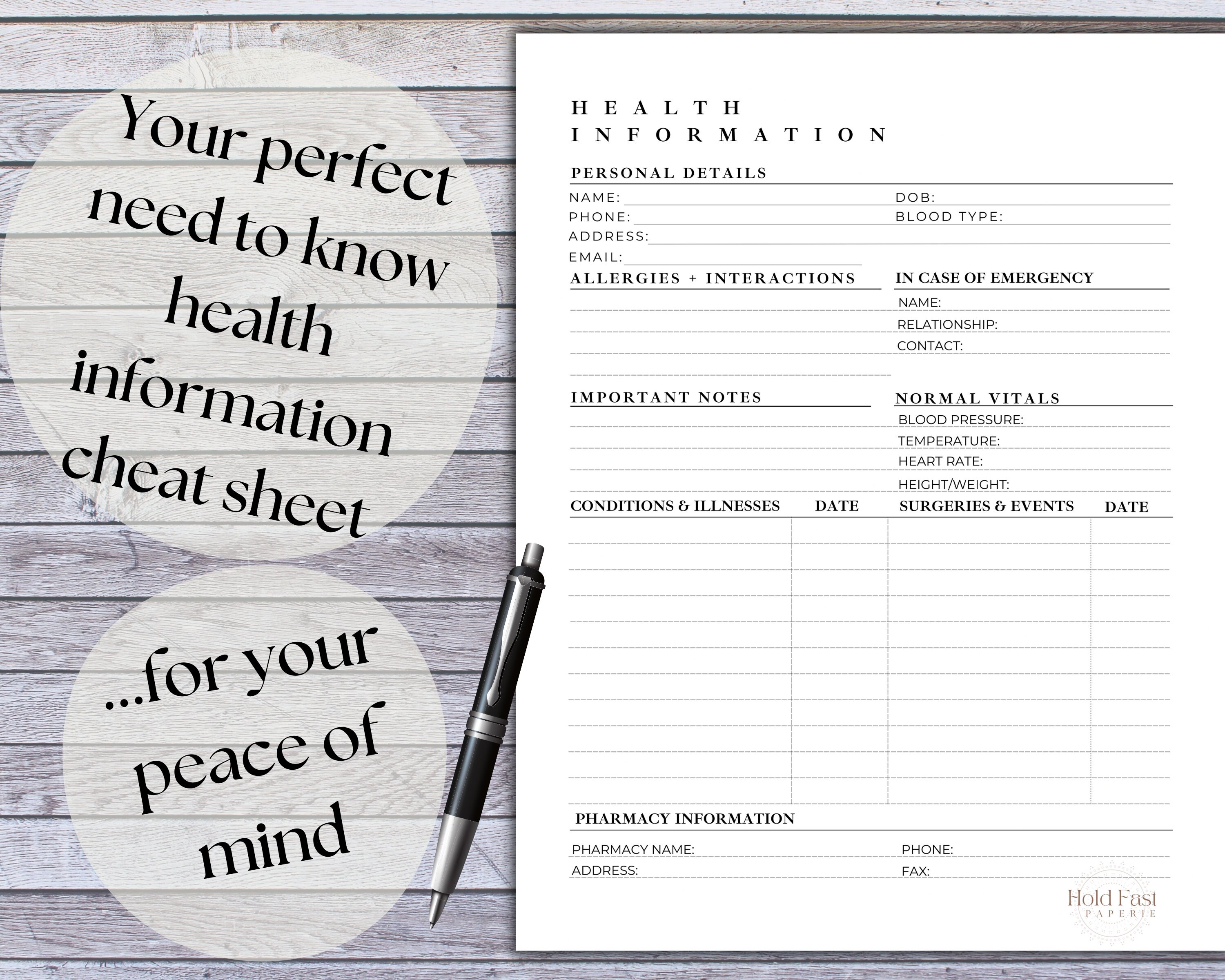 Health Information Printable Medical Information List - Etsy