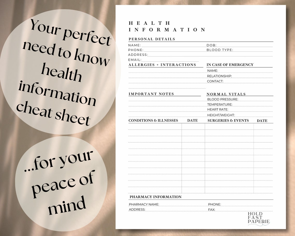 Health Information Printable, Medical Information List, Digital Print ...