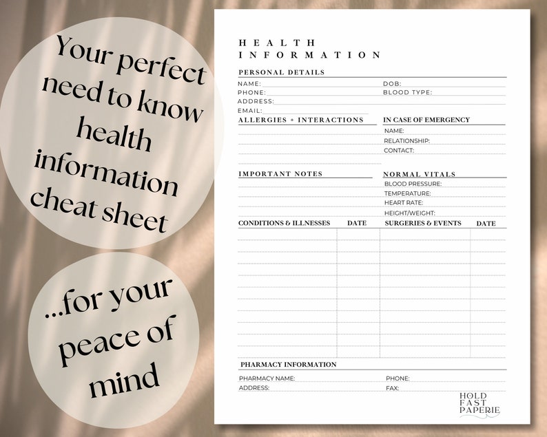 Health Information Printable, Medical Information List, Digital Print ...