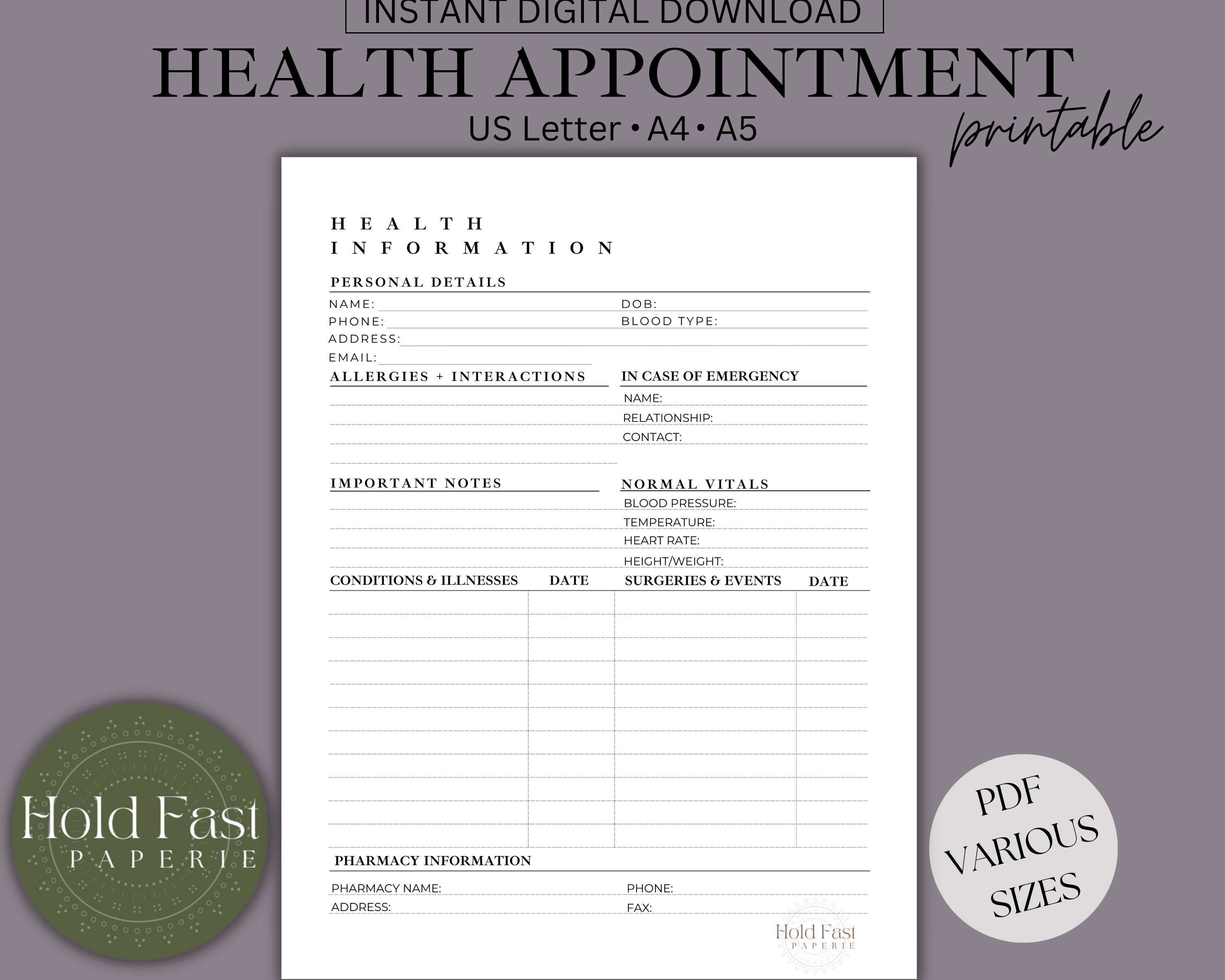 Health Information Printable Medical Information List - Etsy