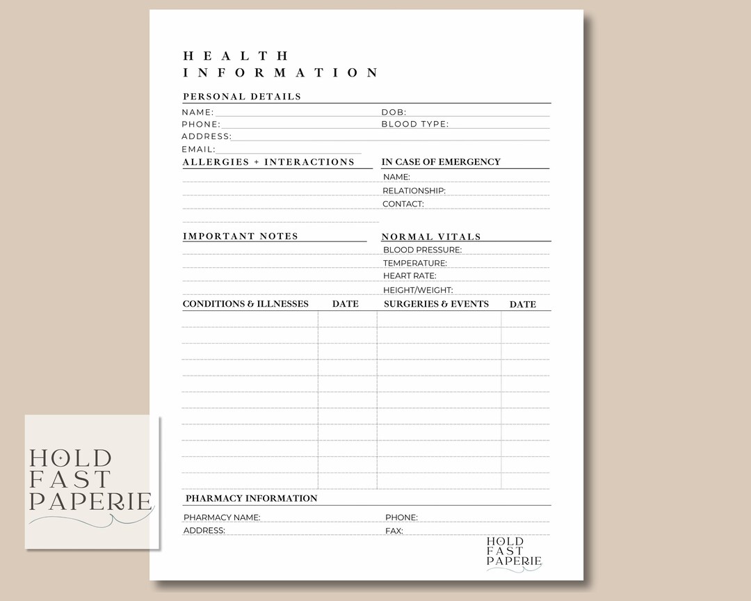 Health Information Printable, Medical Information List, Digital Print ...