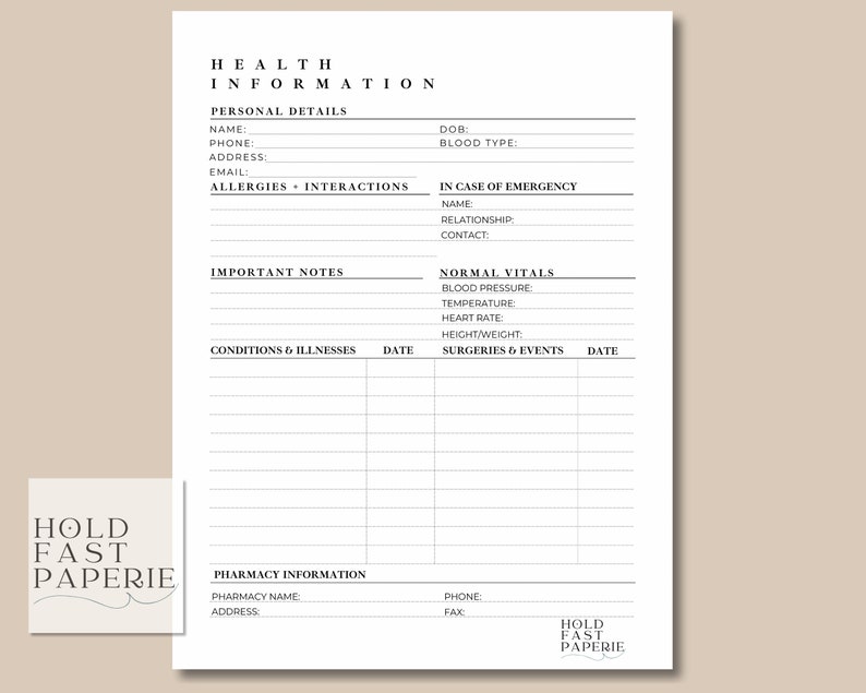 Health Information Printable, Medical Information List, Digital Print ...