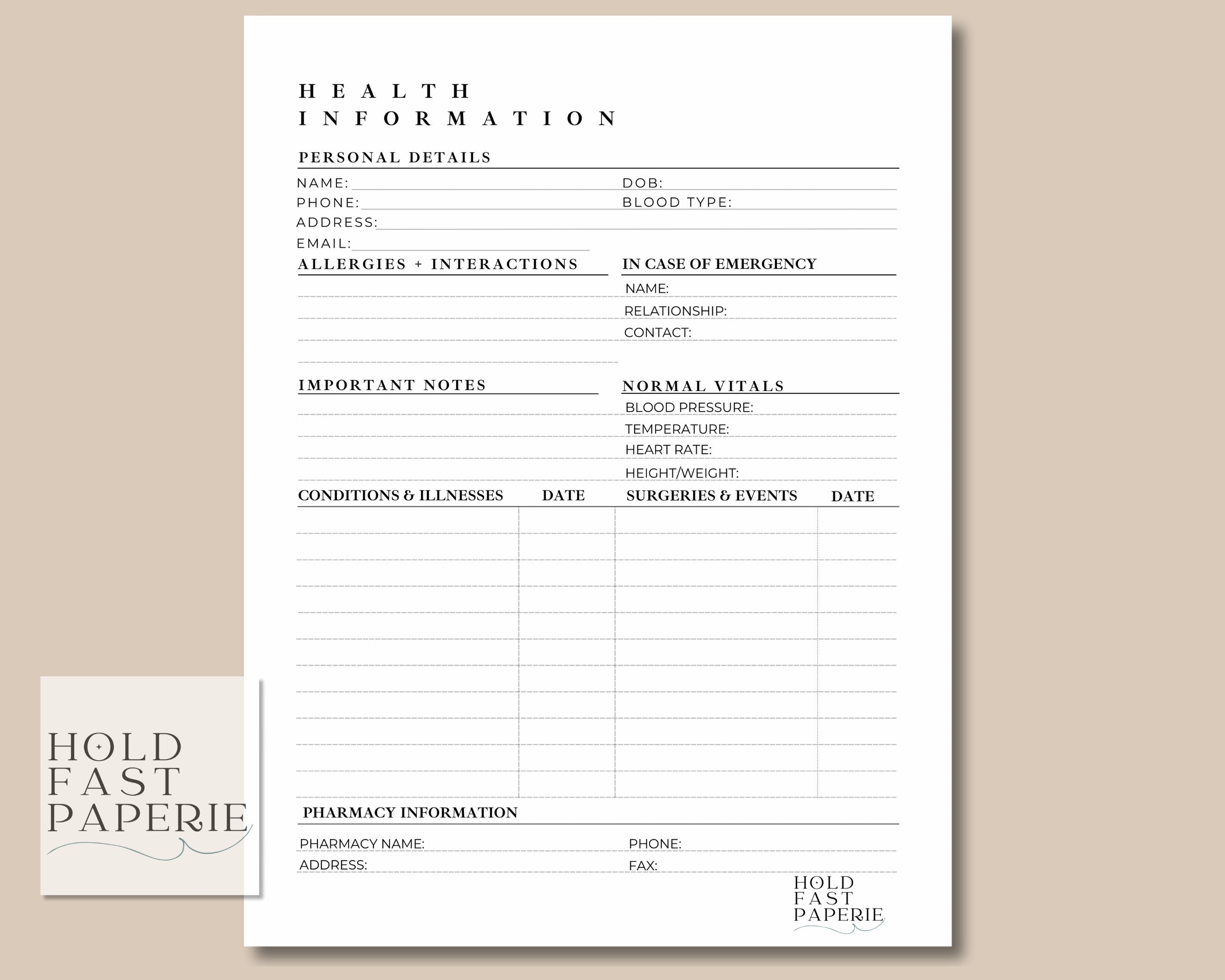 Health Information Printable, Medical Information List, Digital Print ...