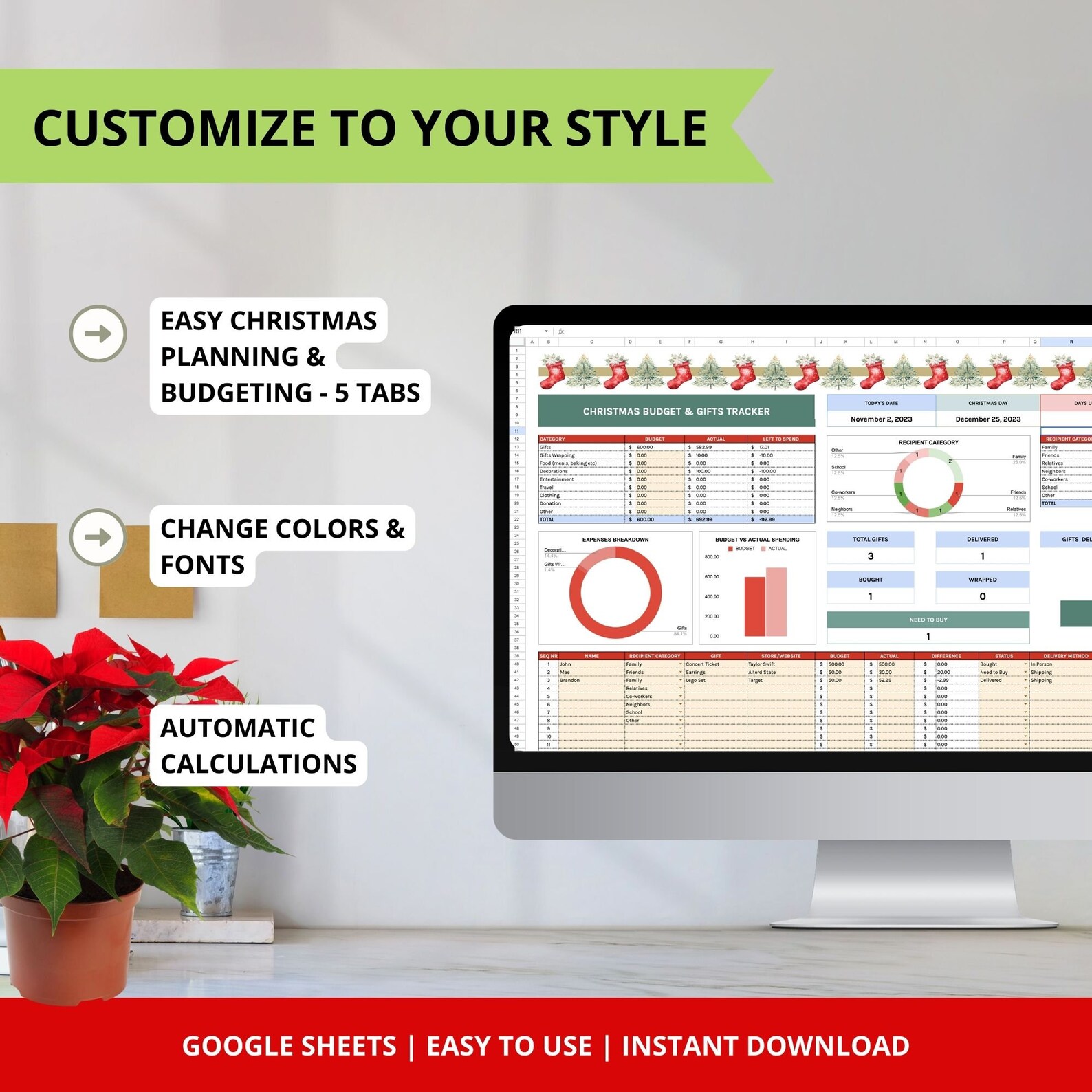 Christmas Planner Spreadsheet Google Sheets, Christmas Gift Spreadsheet ...