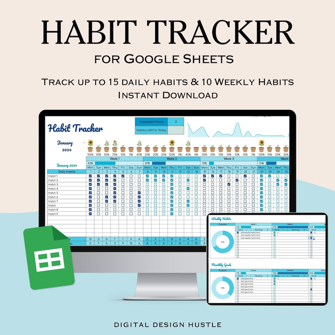 Habit Tracker Spreadsheet, Google Sheets Habit Tracker, Goal Tracker ...
