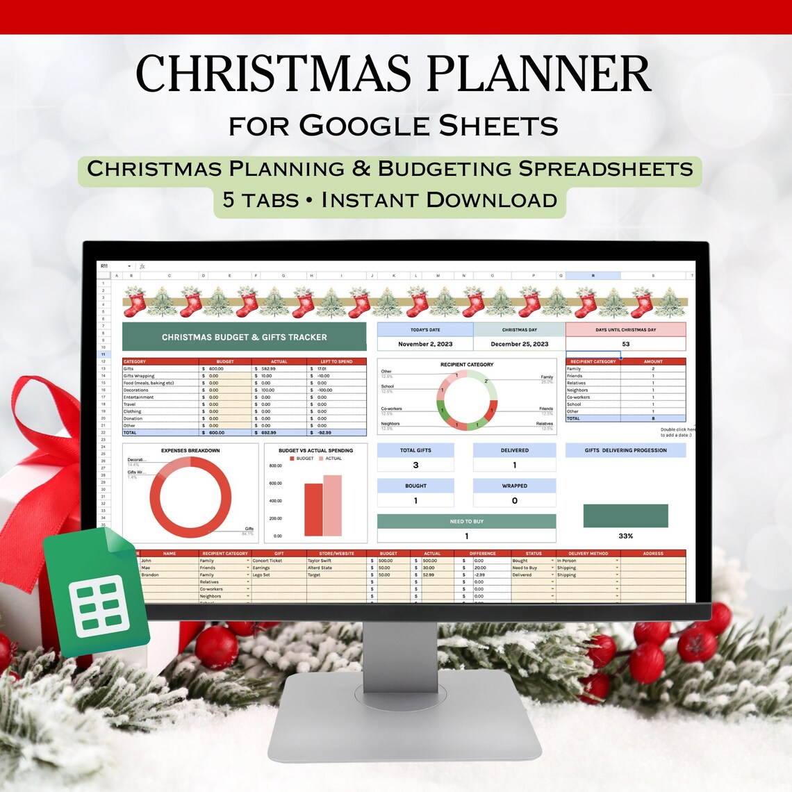 Christmas Planner Spreadsheet Google Sheets, Christmas Gift Spreadsheet ...
