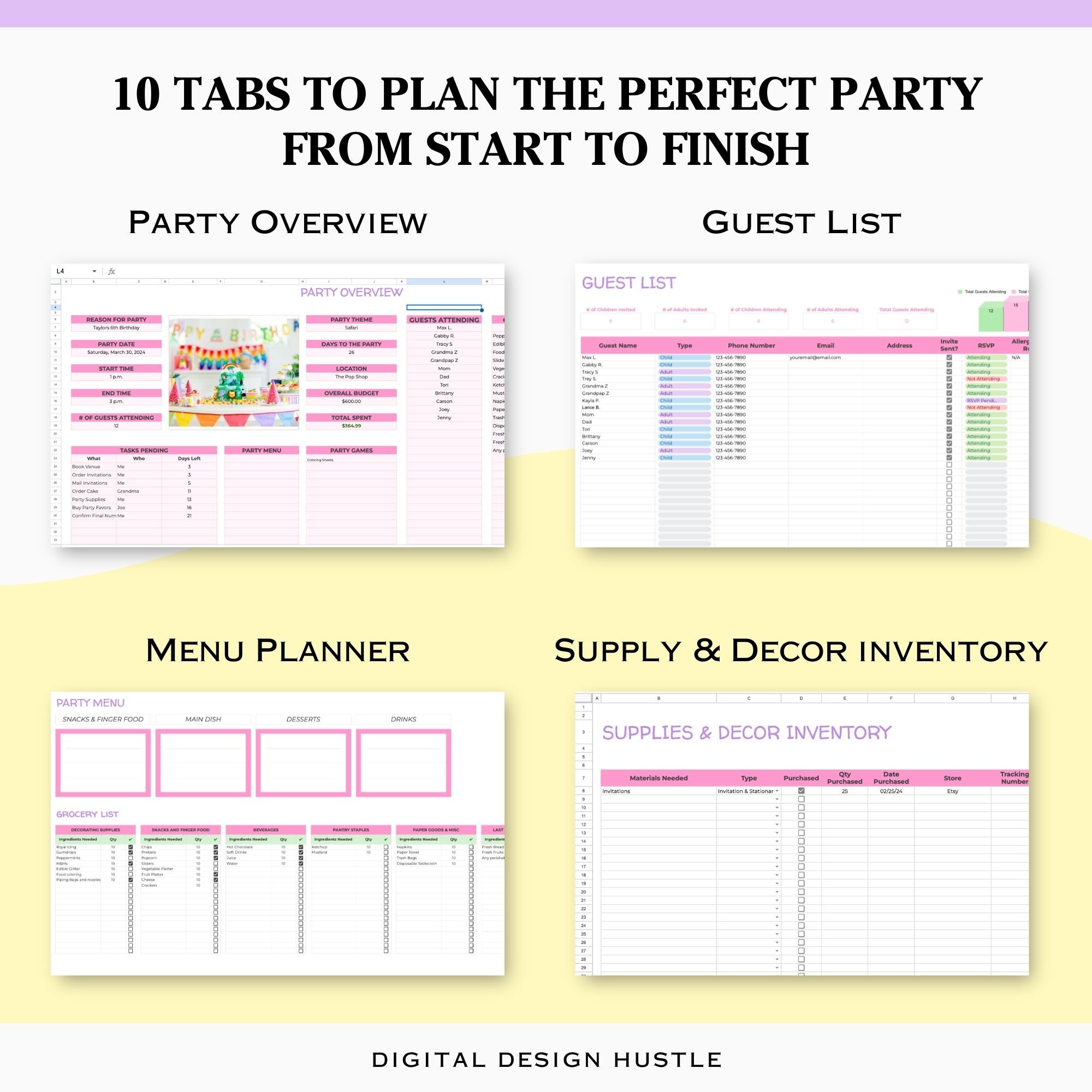 Digital Event Planner Spreadsheet, Google Sheets Birthday Planner ...