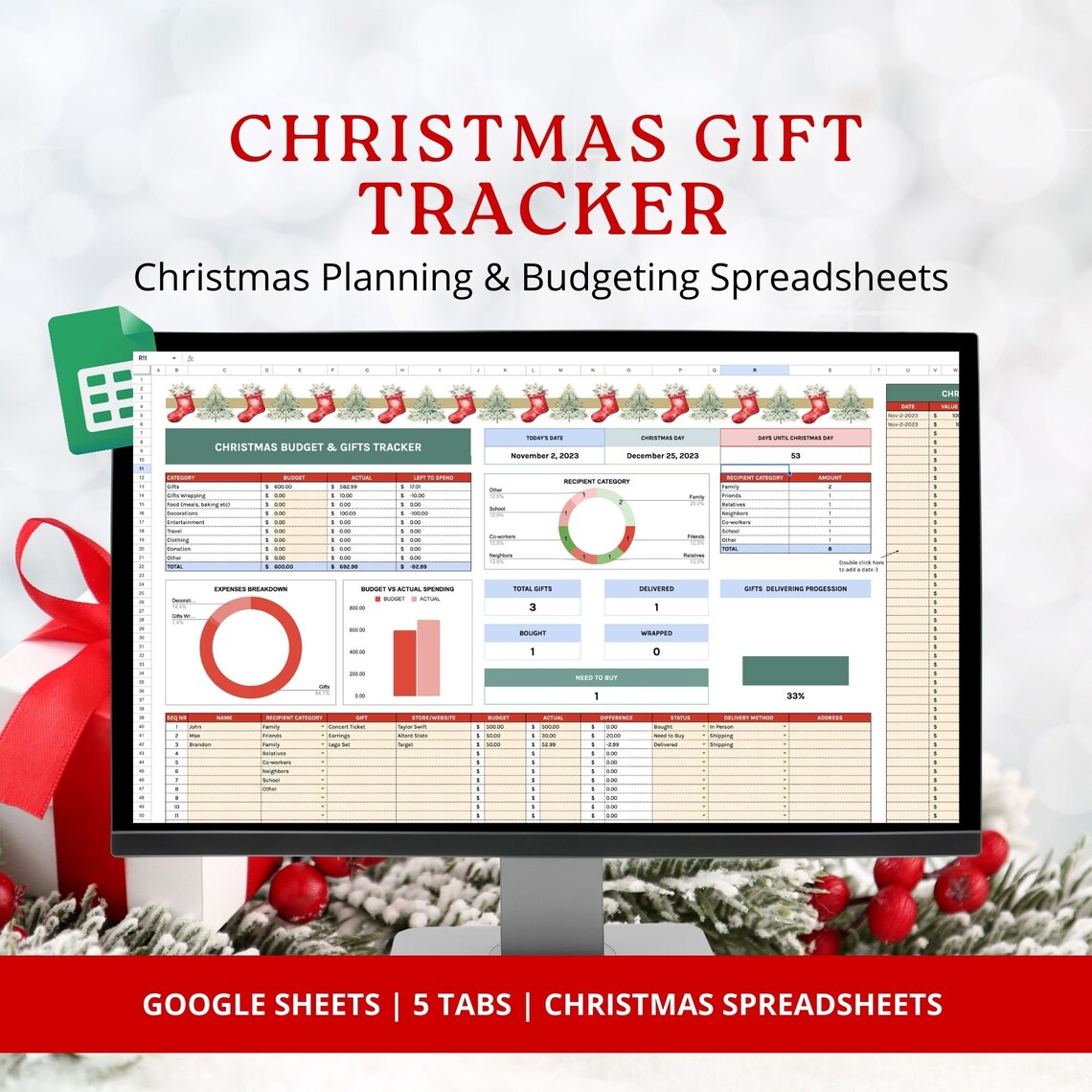 Christmas Planner Spreadsheet Google Sheets, Christmas Gift Spreadsheet ...