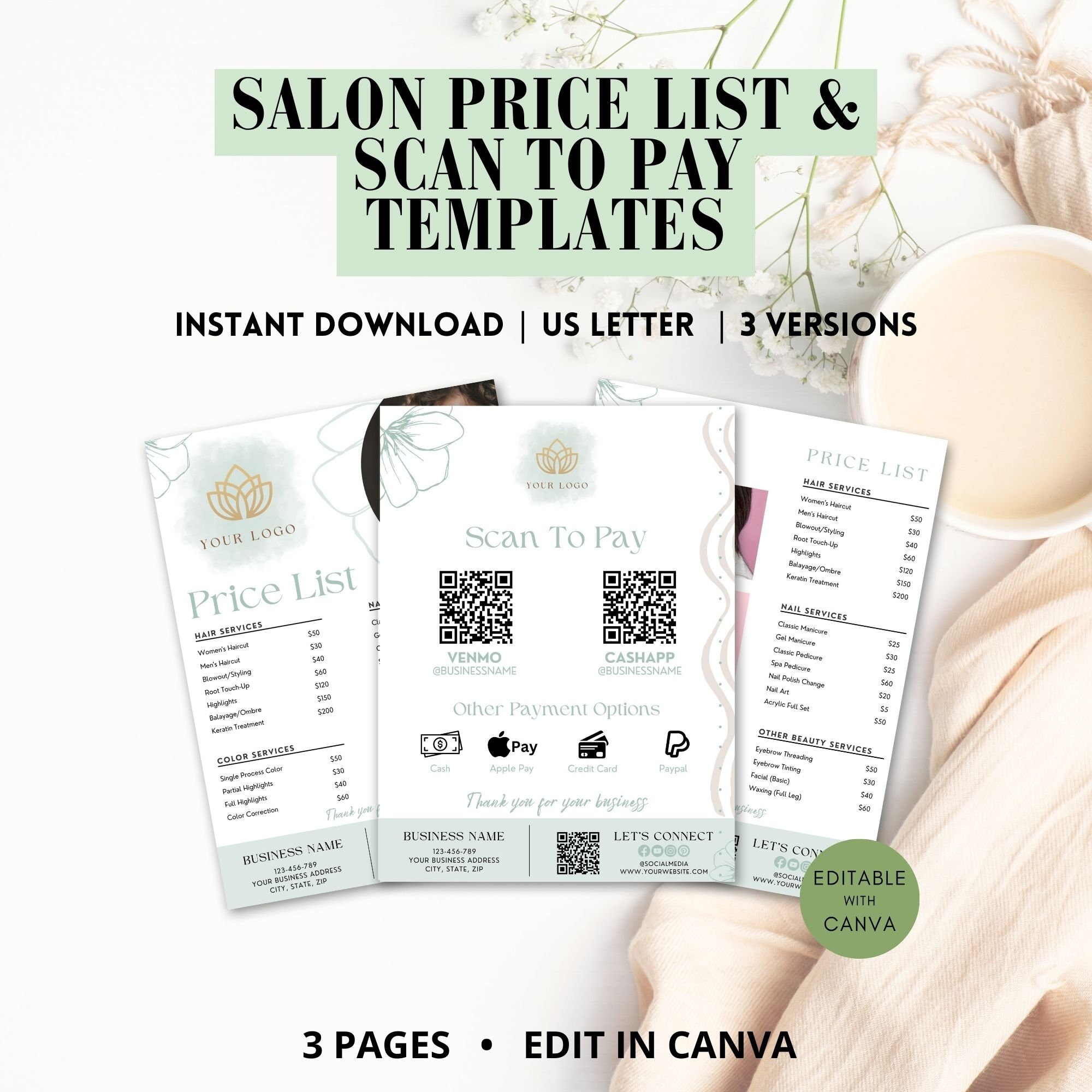 Editable Beauty Salon Price List Template, Canva Price Menu, Hair Salon ...