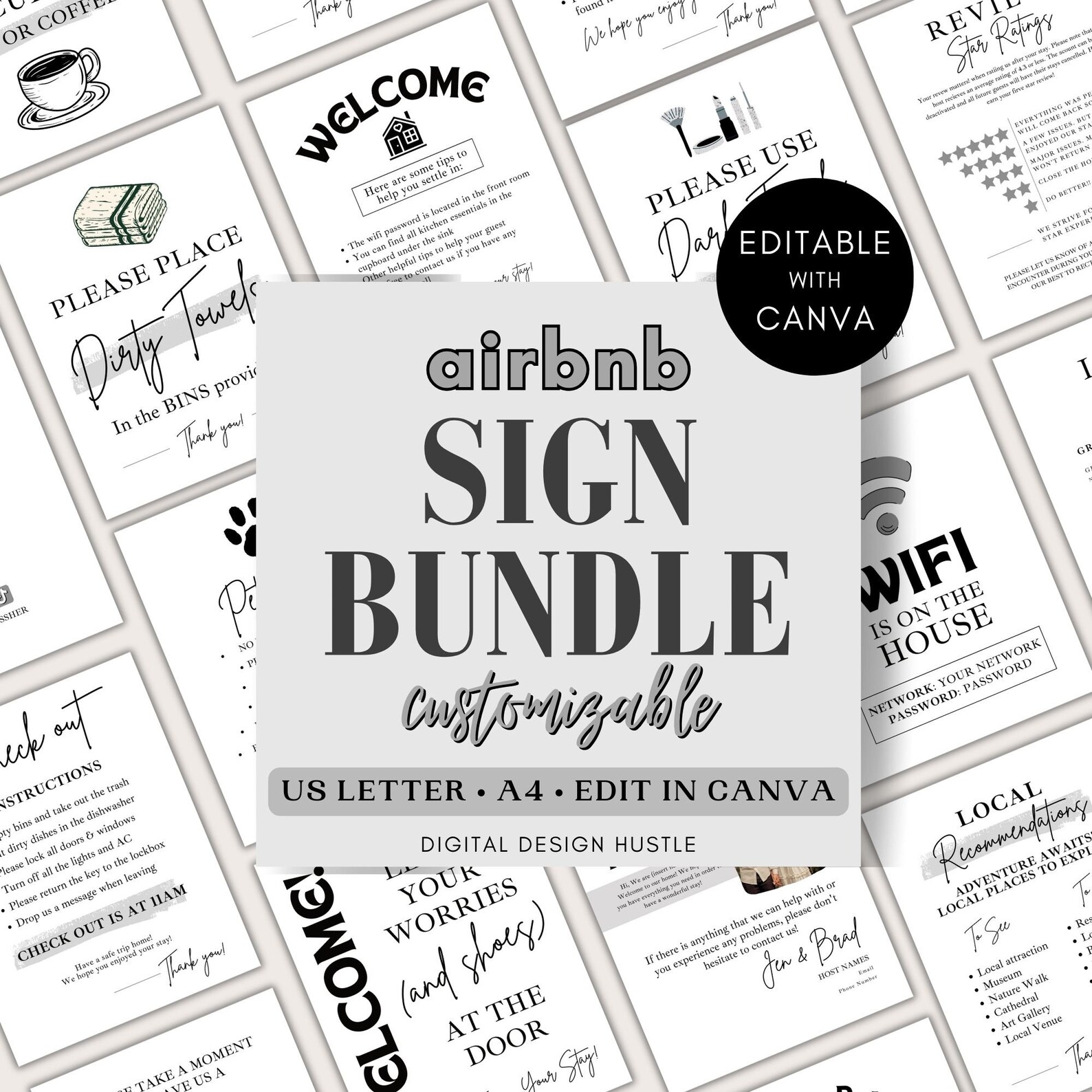Airbnb Signs, Airbnb Sign Bundle Canva, Airbnb Template, Airbnb Welcome ...
