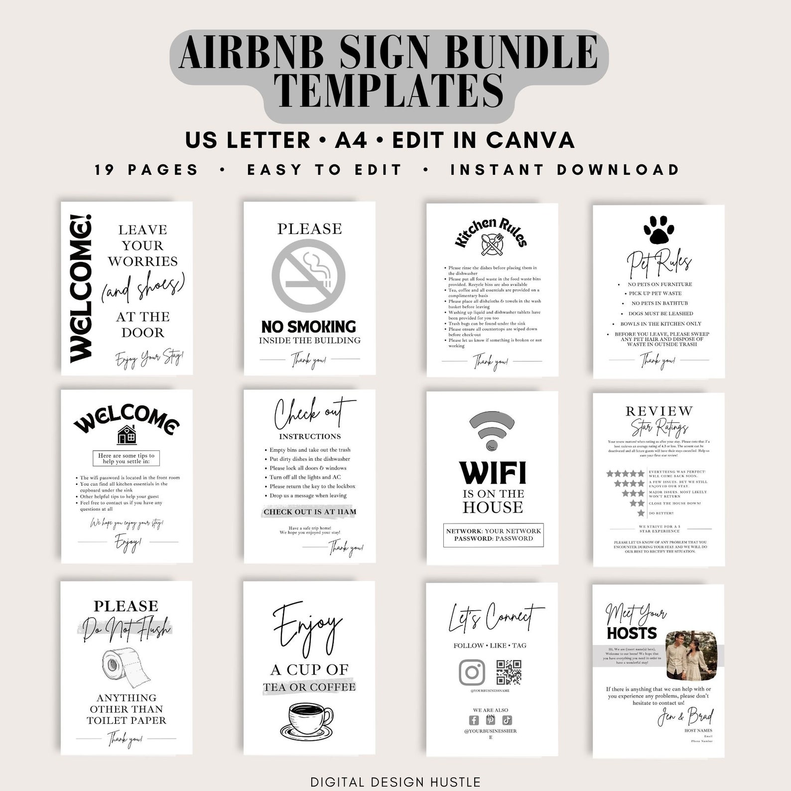 Airbnb Signs, Airbnb Sign Bundle Canva, Airbnb Template, Airbnb Welcome ...