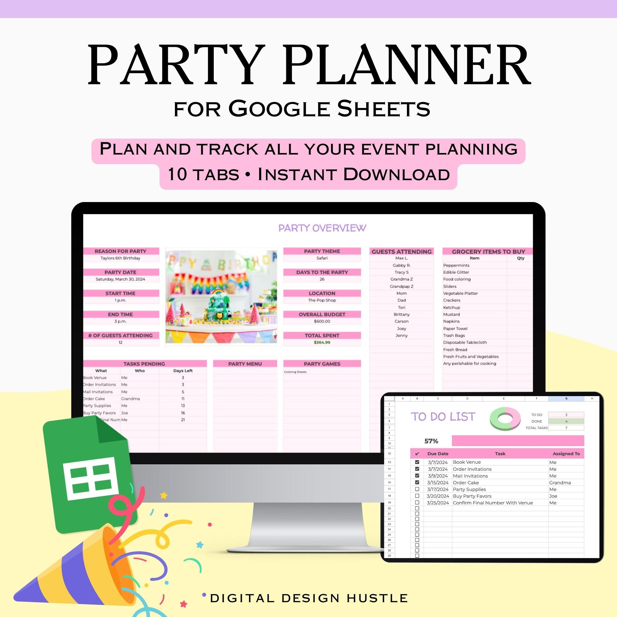 Digital Event Planner Spreadsheet, Google Sheets Birthday Planner ...