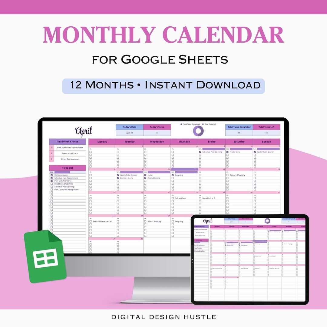 Google Sheets Monthly Calendar, Monthly Calendar of Events Google ...